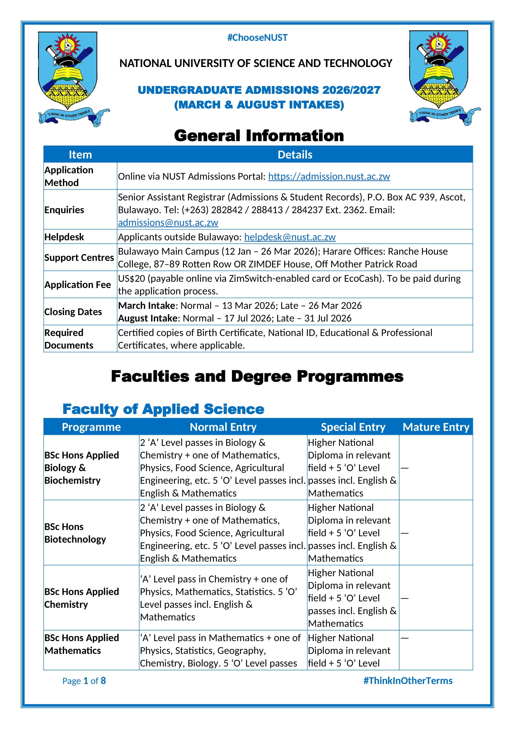 UNDERGRADUATE ADMISSIONS 2026/2027 (MARCH & AUGUST INTAKES)