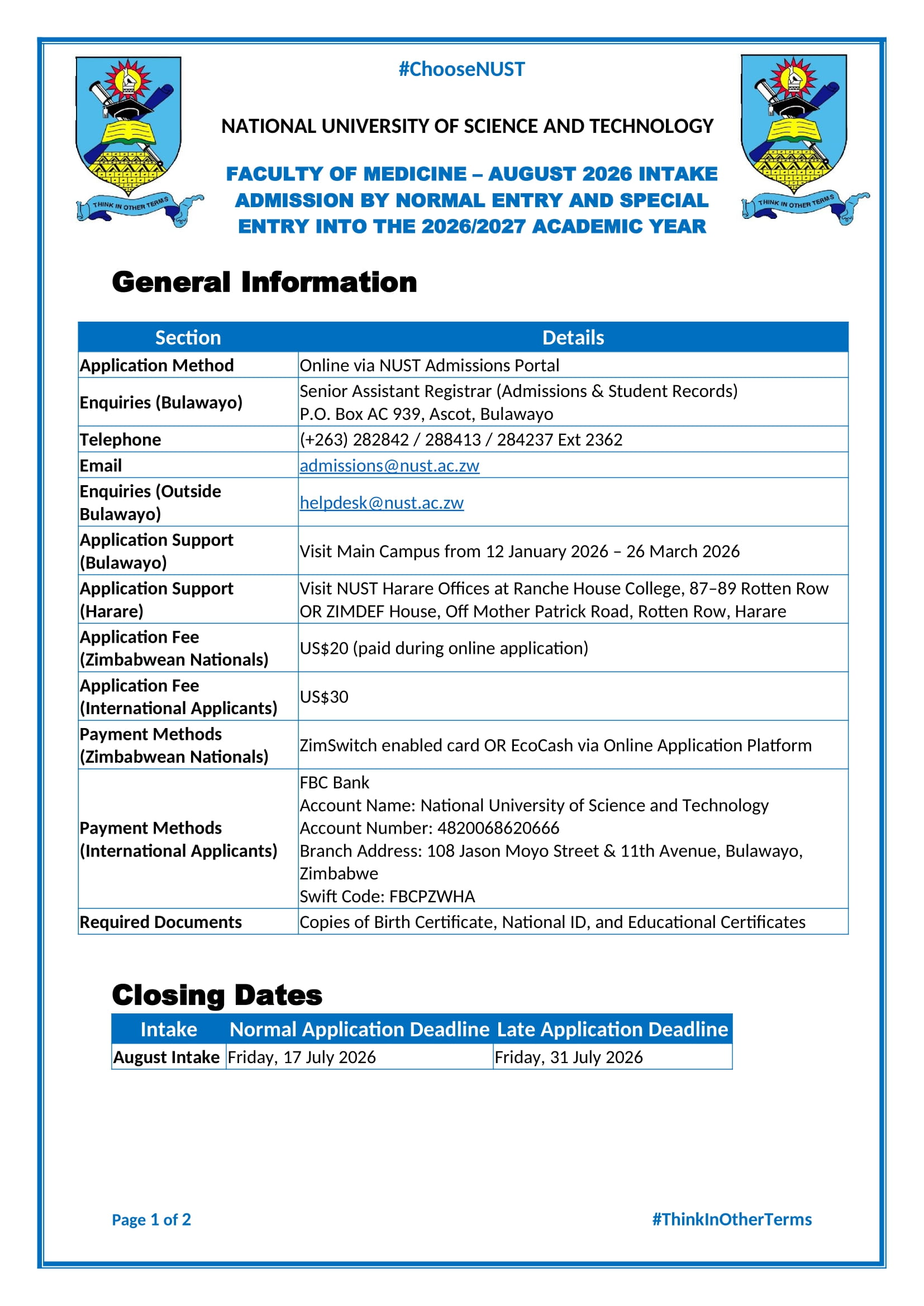 FACULTY OF MEDICINE – AUGUST 2026 INTAKE
