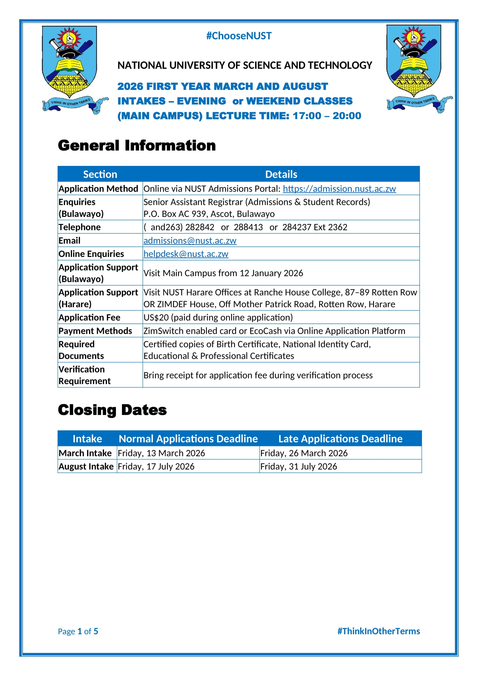 BULAWAYO EVENING CLASSES 2026